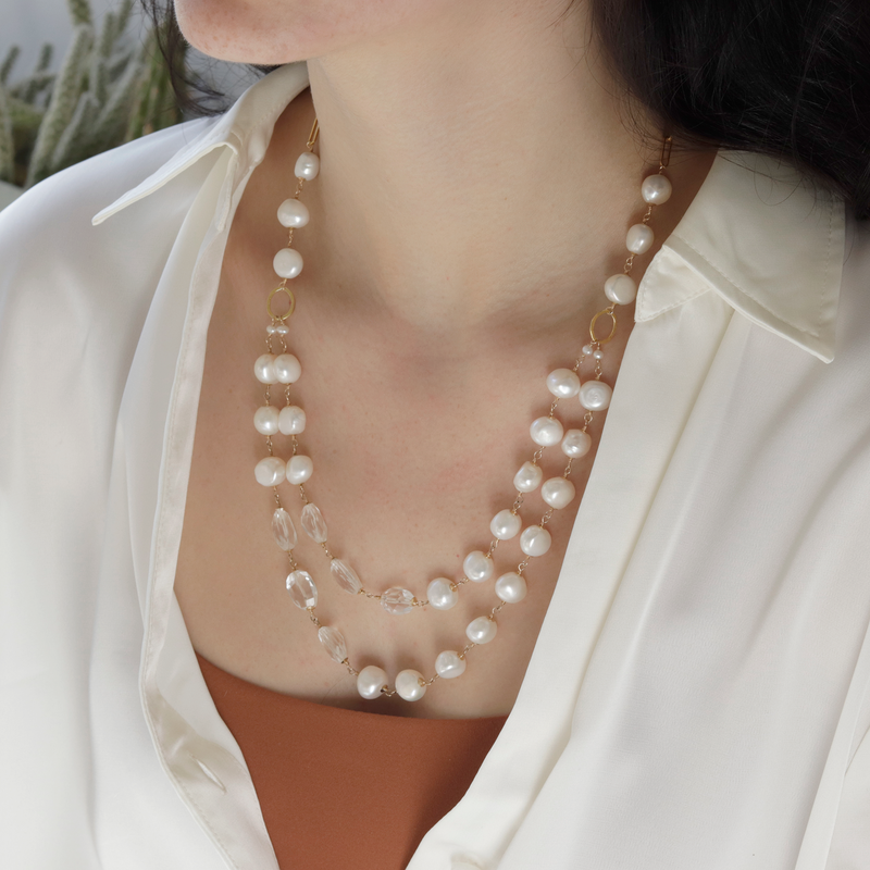 Double Strand Pearl & Rock Crystal Necklace – Mounir Jewellery
